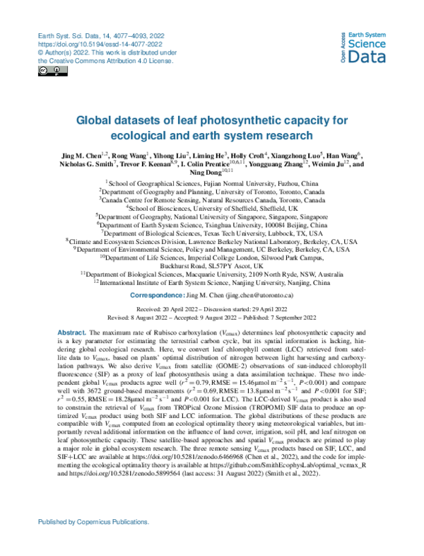 (PDF) Global Datasets of Leaf Photosynthetic Capacity for Ecological and Earth System Research