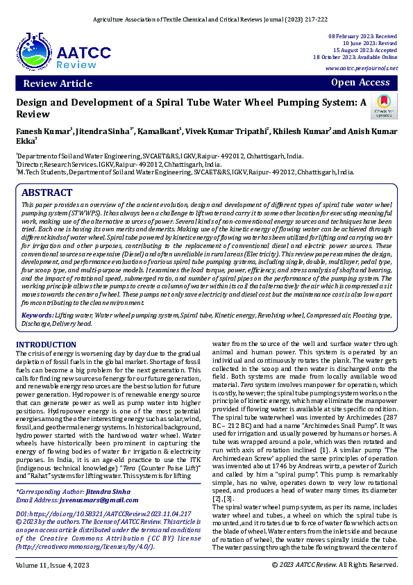 (PDF) Design And Development Of A Spiral Tube Water Wheel Pumping System: A