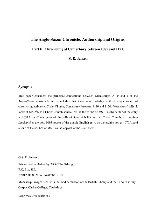 (PDF) The Anglo-Saxon Chronicle, Authorship and Origins. Part E ...
