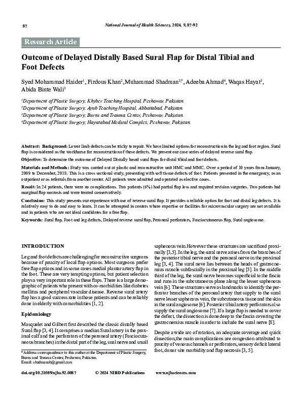 (PDF) Outcome of Delayed Distally Based Sural Flap for Distal Tibial ...