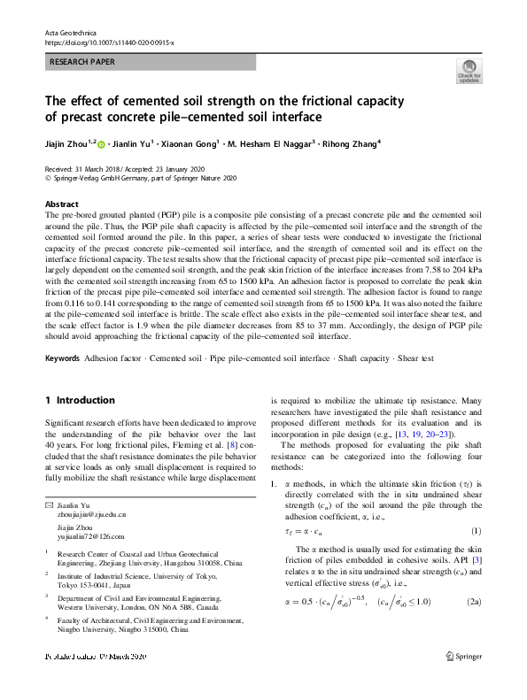 (PDF) The effect of cemented soil strength on the frictional capacity ...