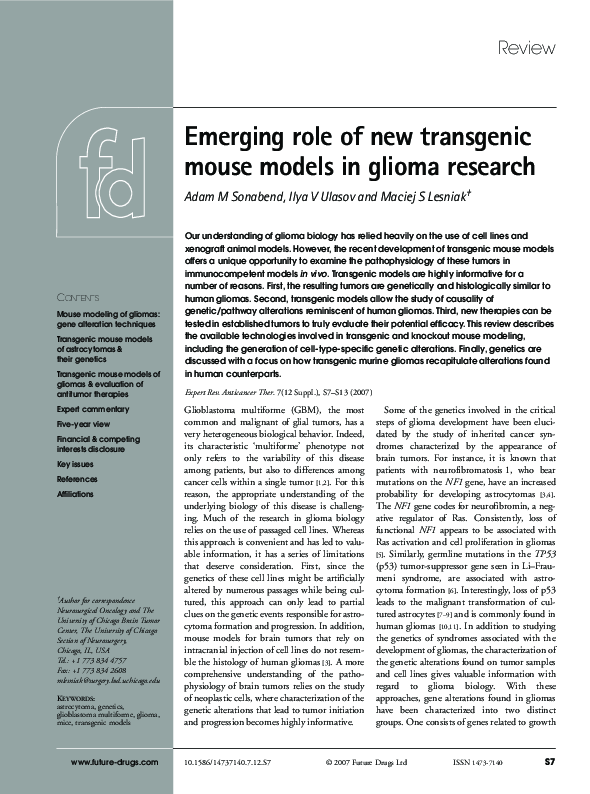 (PDF) Emerging role of new transgenic mouse models in glioma research