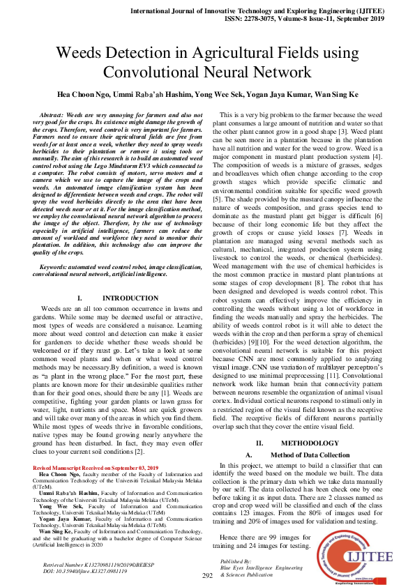 (PDF) Weeds Detection in Agricultural Fields using Convolutional Neural Network