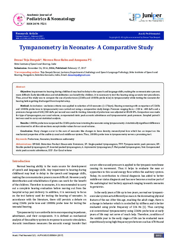 (PDF) Tympanometry in Neonates- A Comparative Study
