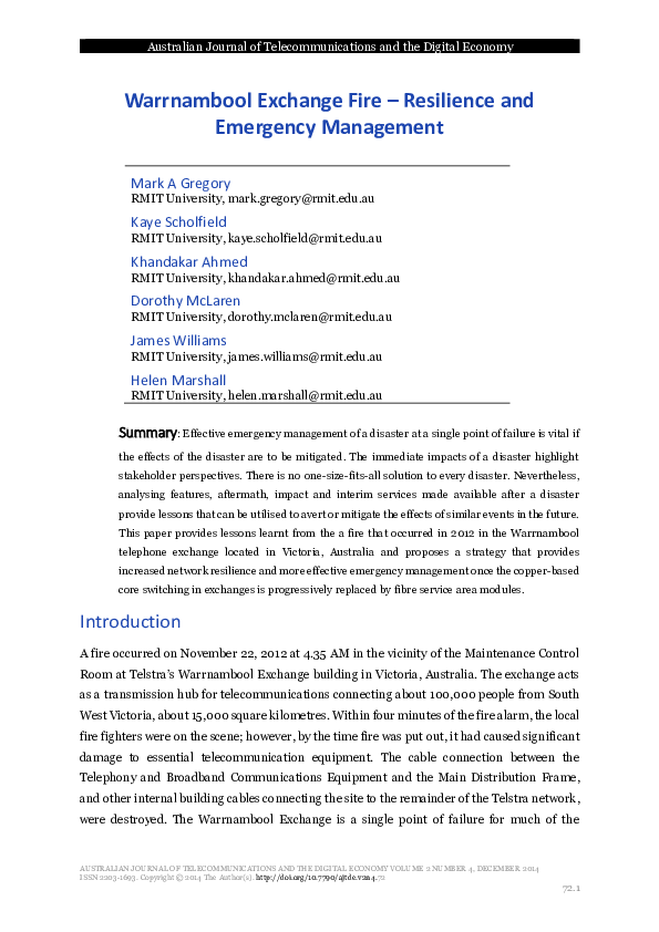 (PDF) Warrnambool exchange fire - resilience and emergency management