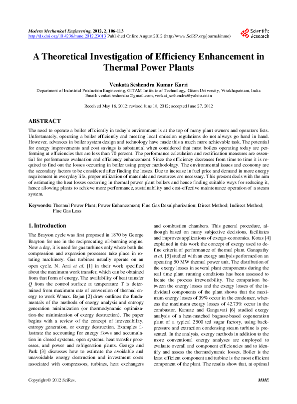 (PDF) A Theoretical Investigation of Efficiency Enhancement in Thermal Power Plants