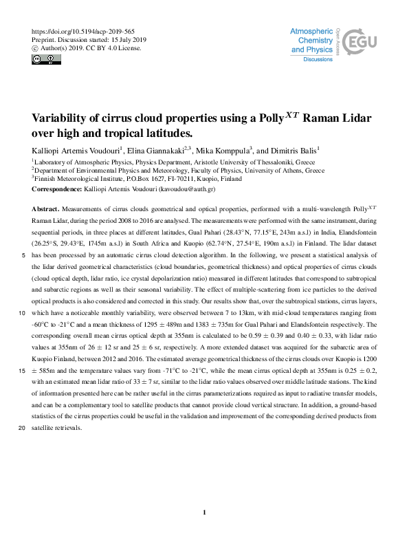 (PDF) Variability of cirrus cloud properties using a PollyXT Raman ...