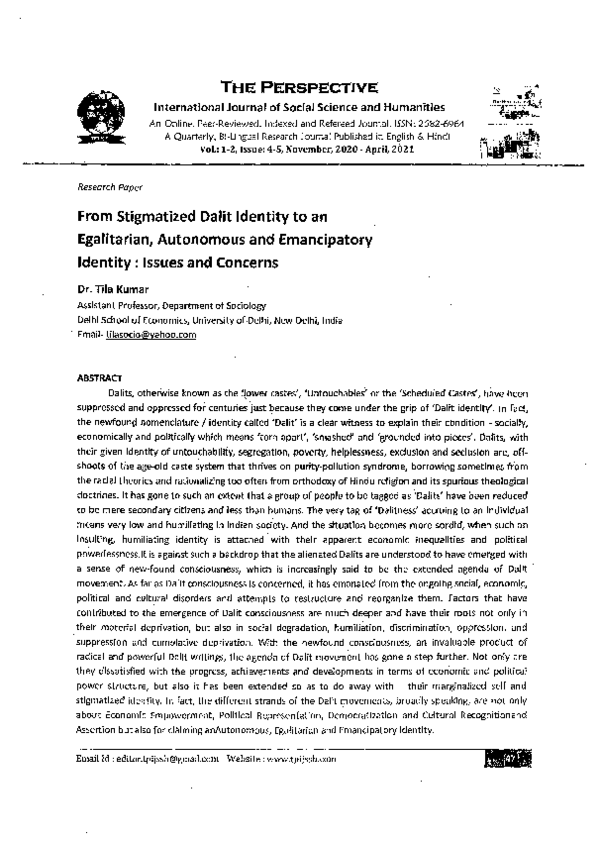 (PDF) From Stigmatized Dalit Identity to an Egalitarian, Autonomous and ...