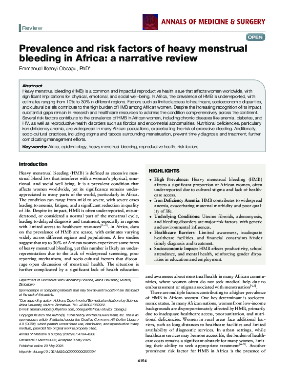 (PDF) Prevalence and risk factors of heavy menstrual bleeding in Africa ...