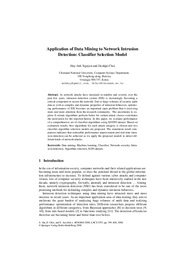 (PDF) Application of Data Mining to Network Intrusion Detection: Classifier Selection Model