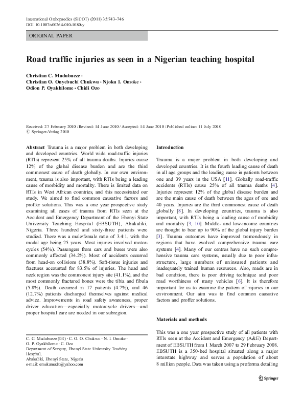 (PDF) Road traffic injuries as seen in a Nigerian teaching hospital