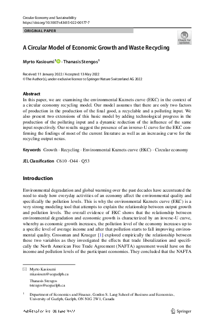 (PDF) A Circular Model of Economic Growth and Waste Recycling