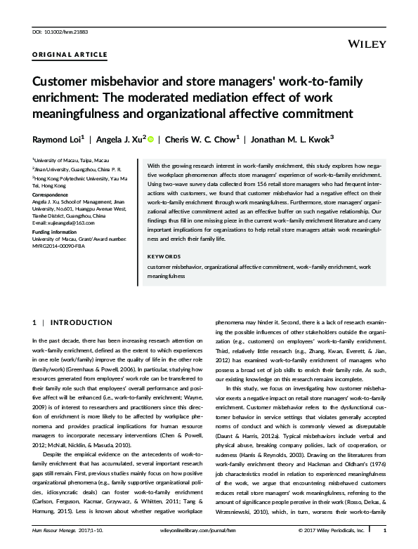 (PDF) Customer misbehavior and store managers' work‐to‐family ...