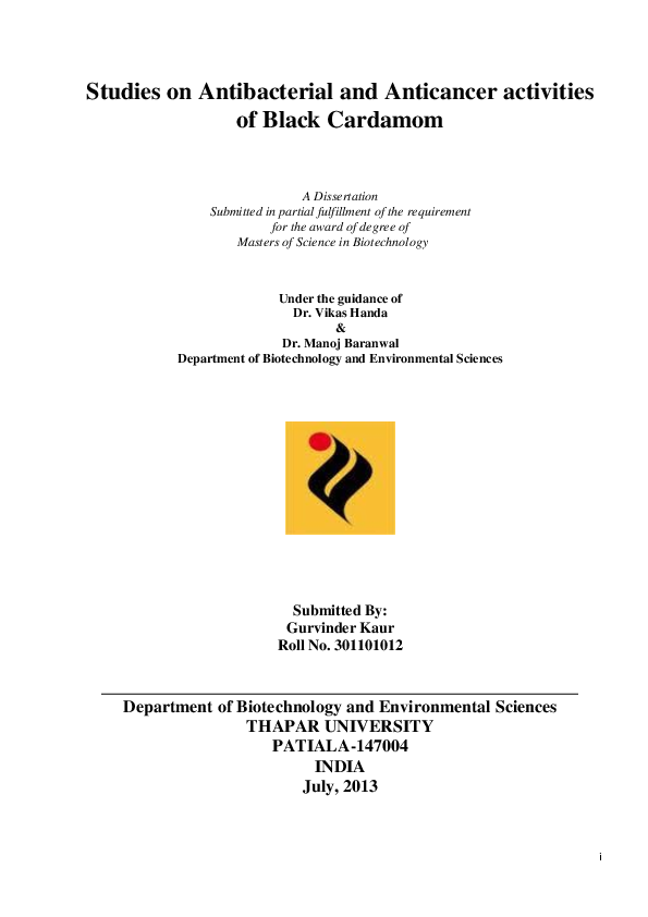 (PDF) Studies on antibacterial and anticancer activities of black cardamom