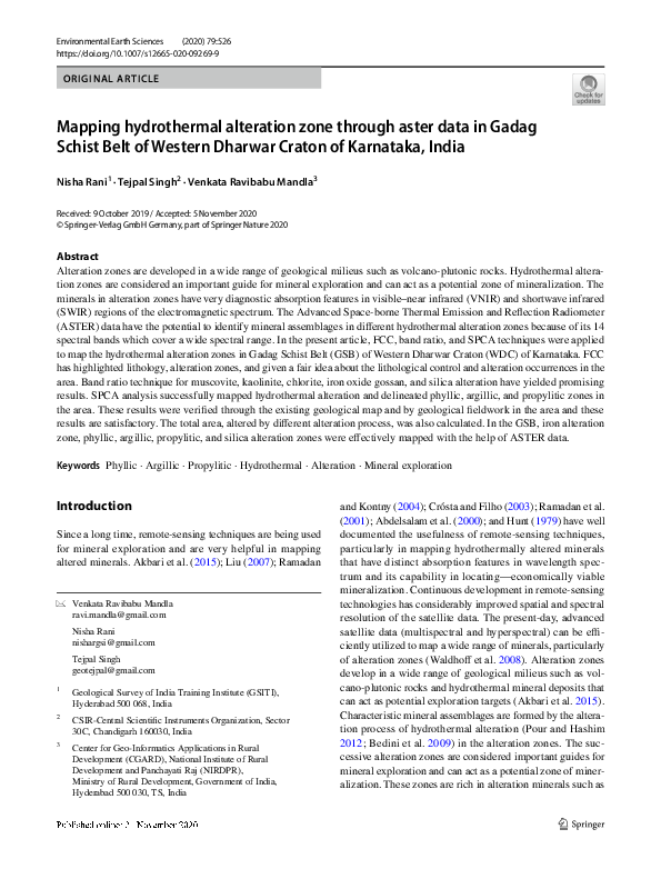 (PDF) Mapping hydrothermal alteration zone through aster data in Gadag Schist Belt of Western ...
