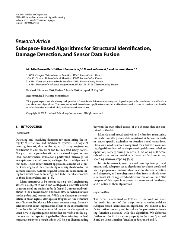 (PDF) Subspace-Based Algorithms for Structural Identification, Damage Detection, and Sensor Data ...
