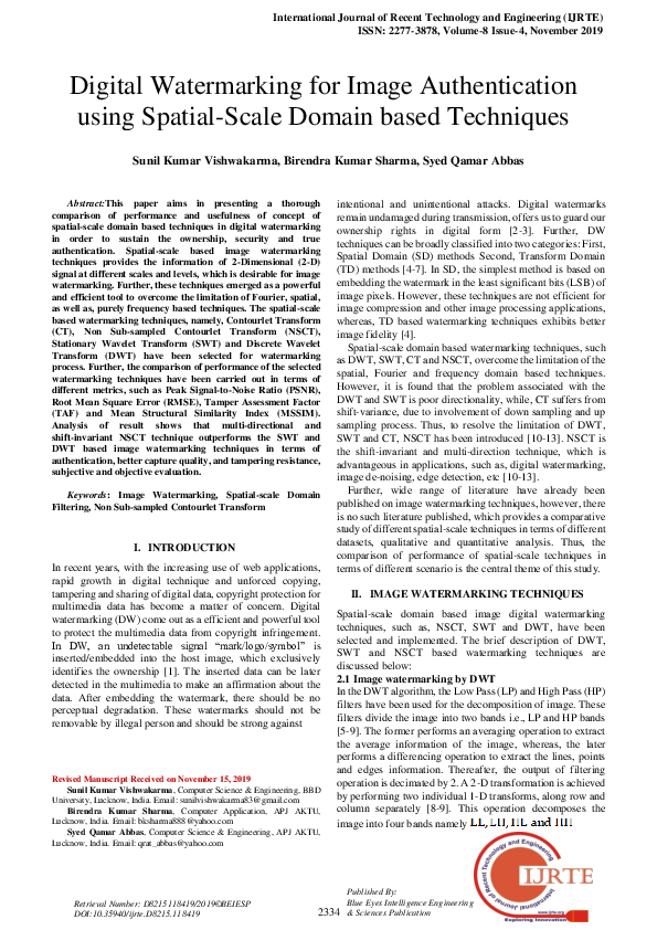 (PDF) Digital Watermarking for Image Authentication using Spatial-Scale Domain based Techniques