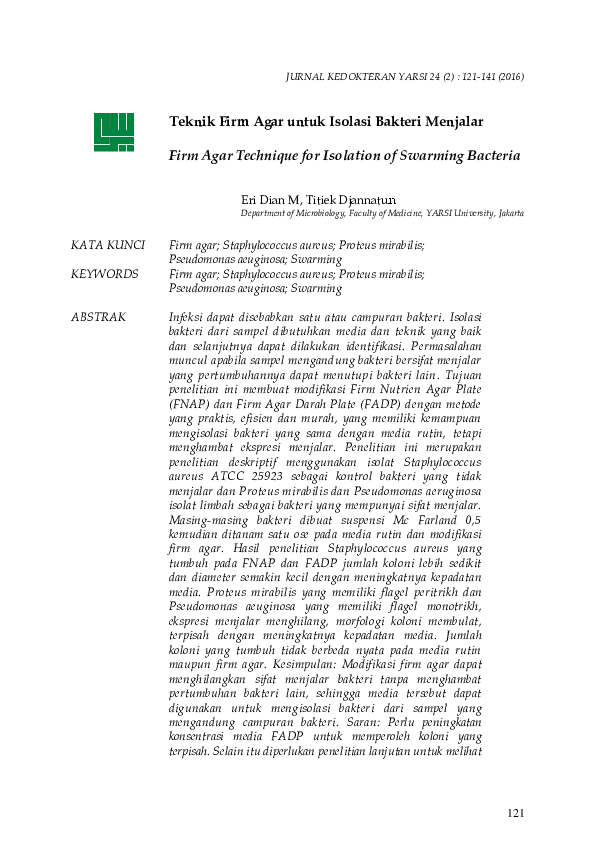(PDF) Teknik Firm Agar untuk Isolasi Bakteri Menjalar