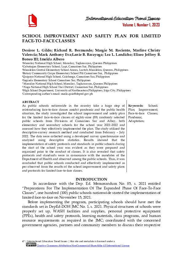 (PDF) School Improvement and Safety Plan for Limited Face to Face Classes