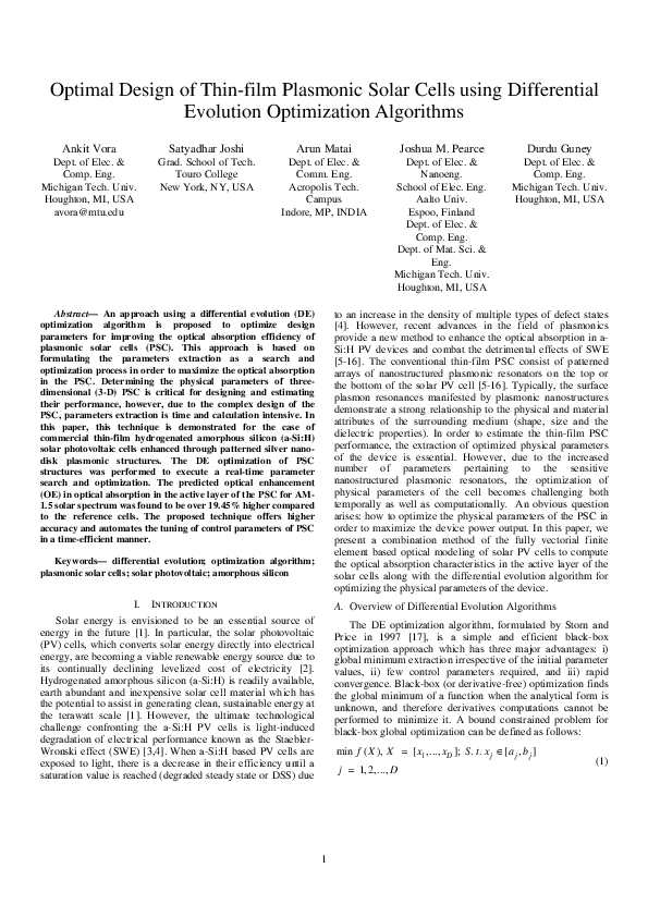 (PDF) Optimal Design of Thin-film Plasmonic Solar Cells using Differential Evolution ...