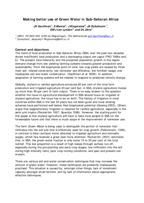 (PDF) Making better use of green water in Sub-Saharan Africa