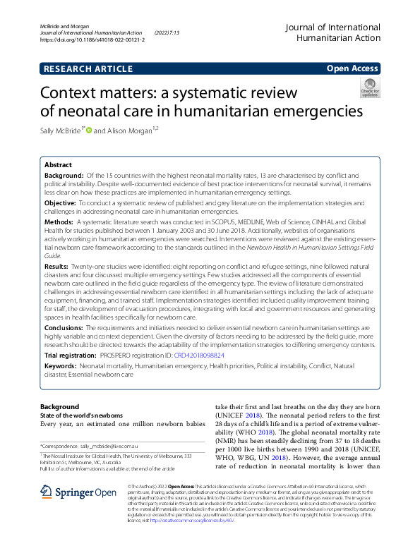 (PDF) Context matters: a systematic review of neonatal care in humanitarian emergencies