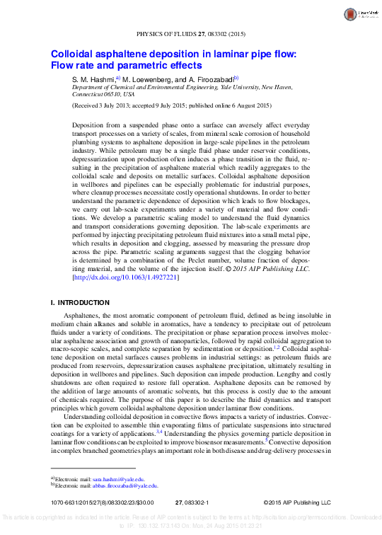 (PDF) Colloidal asphaltene deposition in laminar pipe flow: Flow rate ...