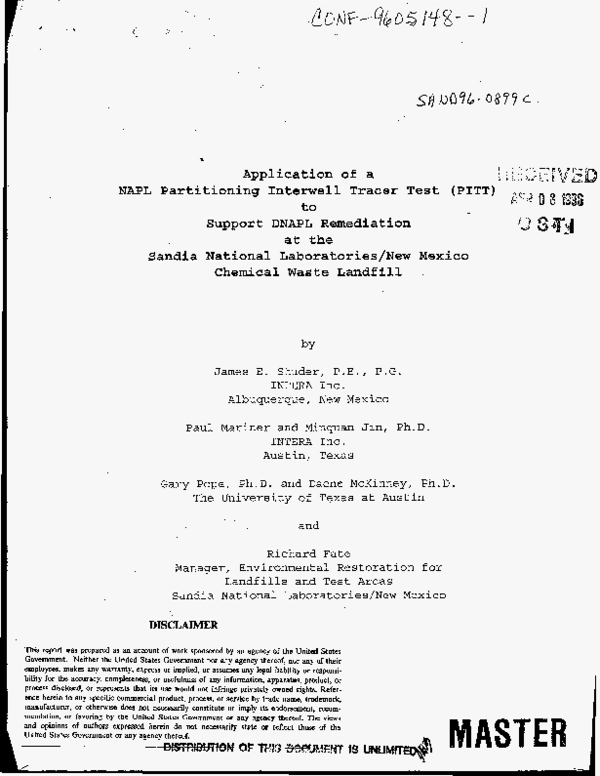 (PDF) Application of a NAPL partitioning interwell tracer test (PITT ...