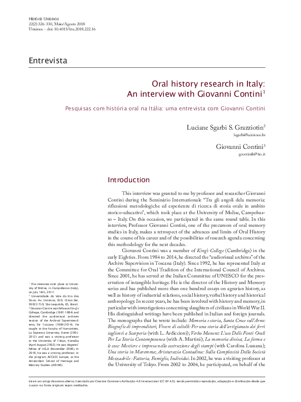 (PDF) Pesquisas com história oral na Itália: uma entrevista com ...
