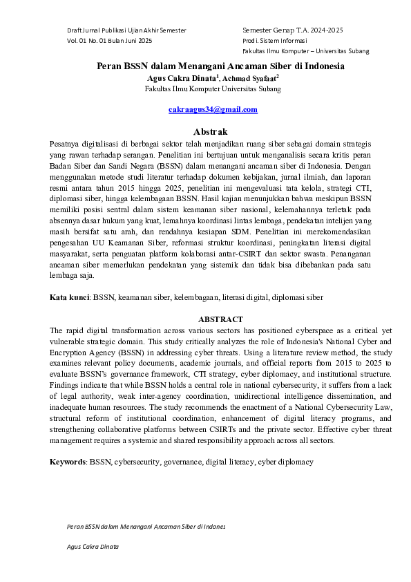 (PDF) Peran BSSN dalam Menangani Ancaman Siber di Indonesia