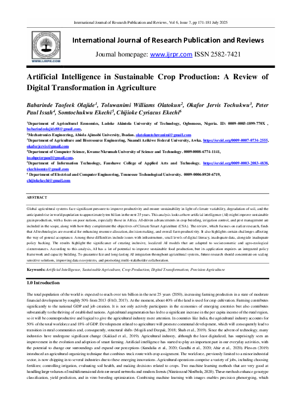 (PDF) Artificial Intelligence in Sustainable Crop Production: A Review of Digital Transformation ...