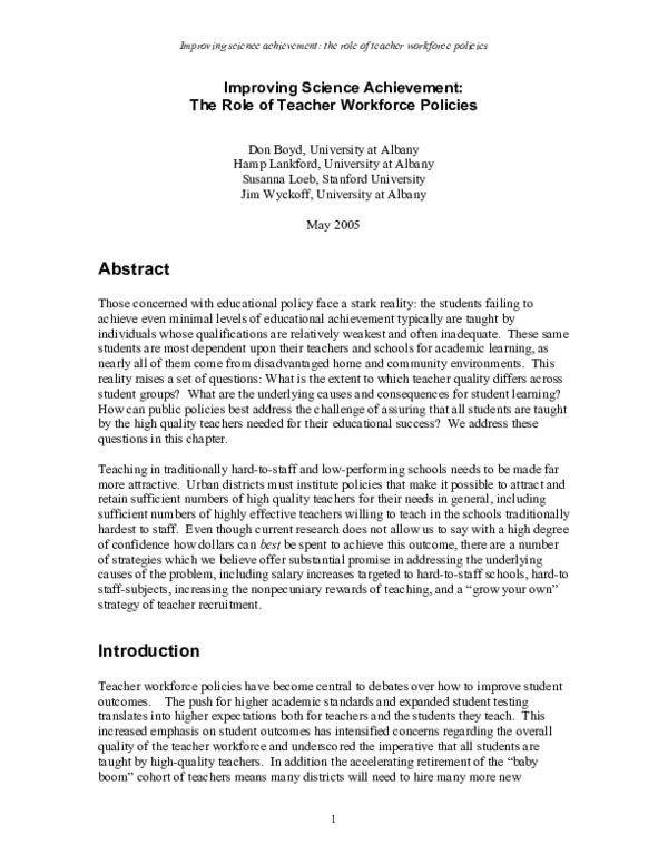 (PDF) Improving Science Achievement: The Role of Teacher Workforce Policies