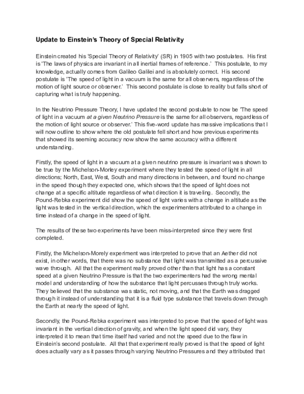 (PDF) Update to Einstein's Theory of Special Relativity NP
