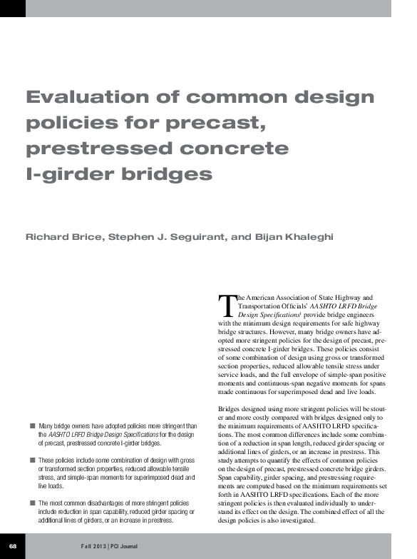 (PDF) Evaluation of common design policies for precast, prestressed concrete I-girder bridges