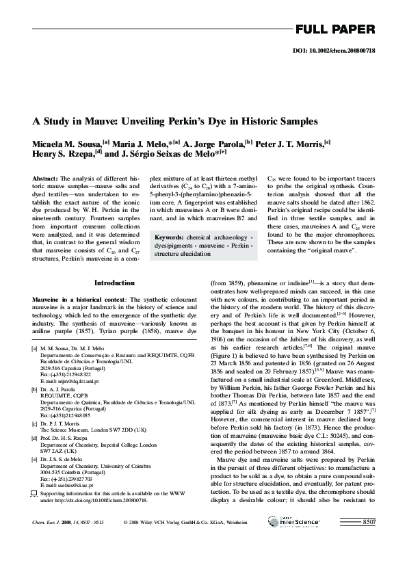 (PDF) A Study in Mauve: Unveiling Perkin's Dye in Historic Samples