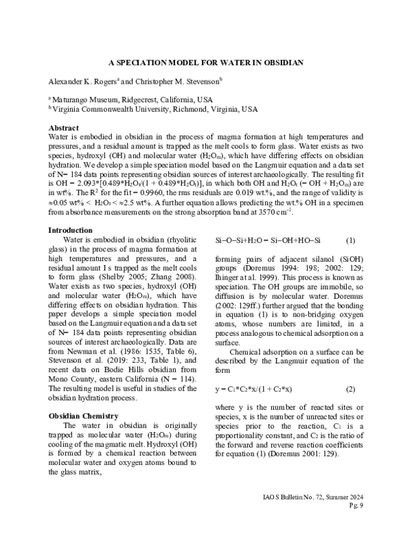 (PDF) A SPECIATION MODEL FOR WATER IN OBSIDIAN