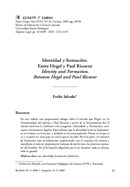 (PDF) Identity and Formation. Between Hegel and Paul Ricoeur