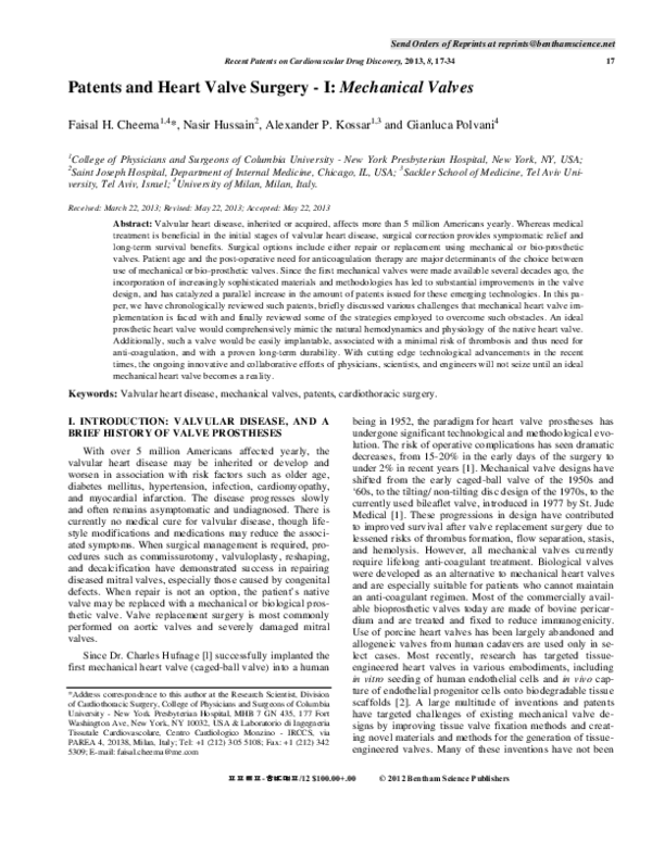 (PDF) Patents and Heart Valve Surgery - I: Mechanical Valves