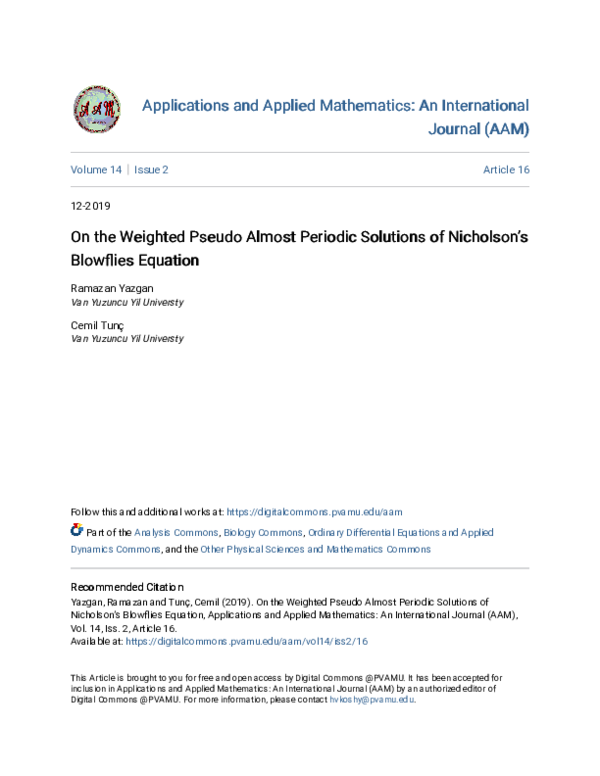 (PDF) On the Weighted Pseudo Almost Periodic Solutions of Nicholson’s ...