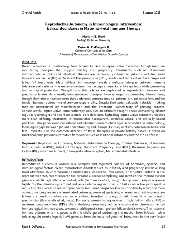 (PDF) Reproductive Autonomy in Immunological Intervention: Ethical ...
