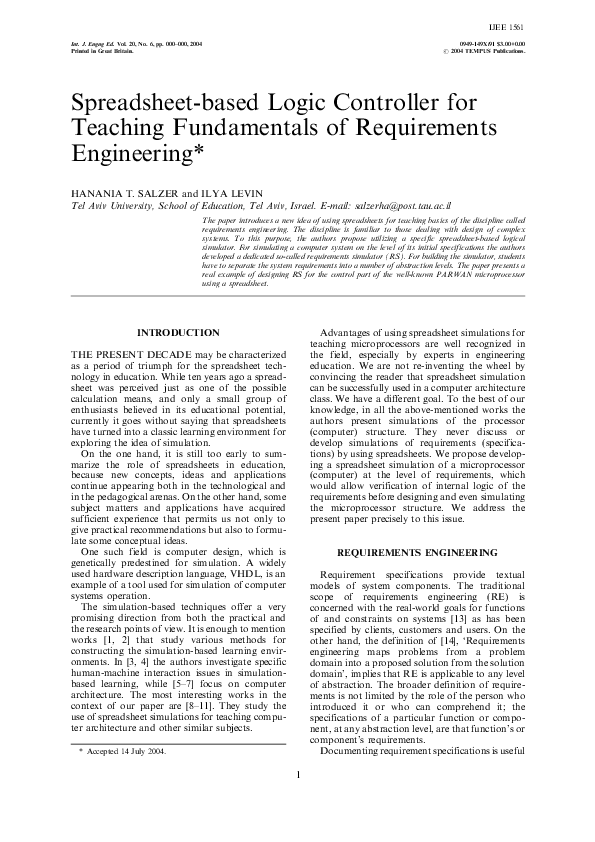 (PDF) Spreadsheet-based logic controller for teaching fundamentals of requirements engineering