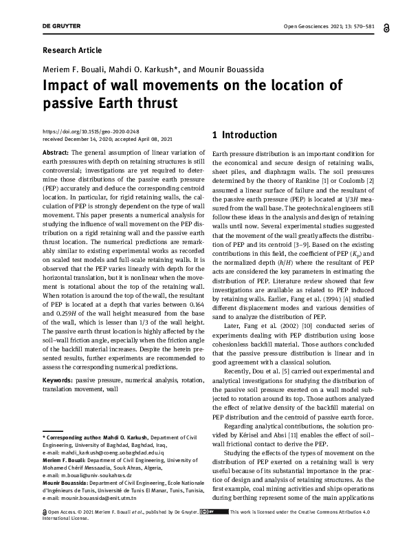 (PDF) Impact of wall movements on the location of passive Earth thrust