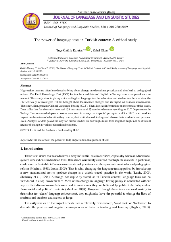 (PDF) The power of language tests In Turkish context: A critical study