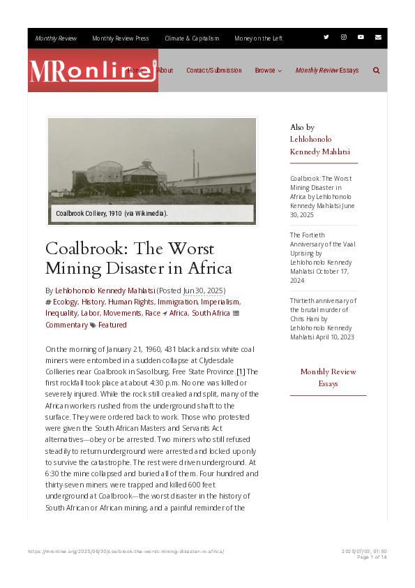(PDF) Coalbrook- The Worst Mining Disaster in Africa MR Online