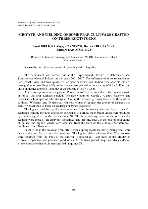 (PDF) Growth and Yielding of Some Pear Cultivars Grafted on Three ...