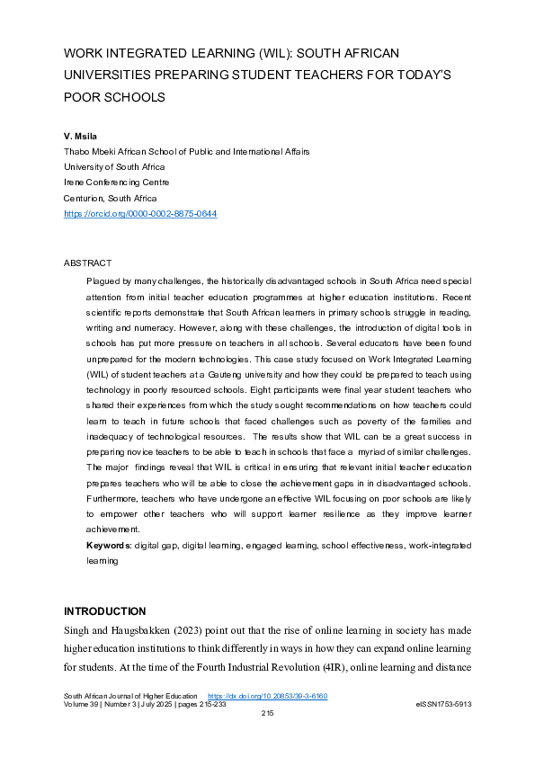 (PDF) WORK INTEGRATED LEARNING (WIL): SOUTH AFRICAN UNIVERSITIES PREPARING STUDENT TEACHERS FOR ...