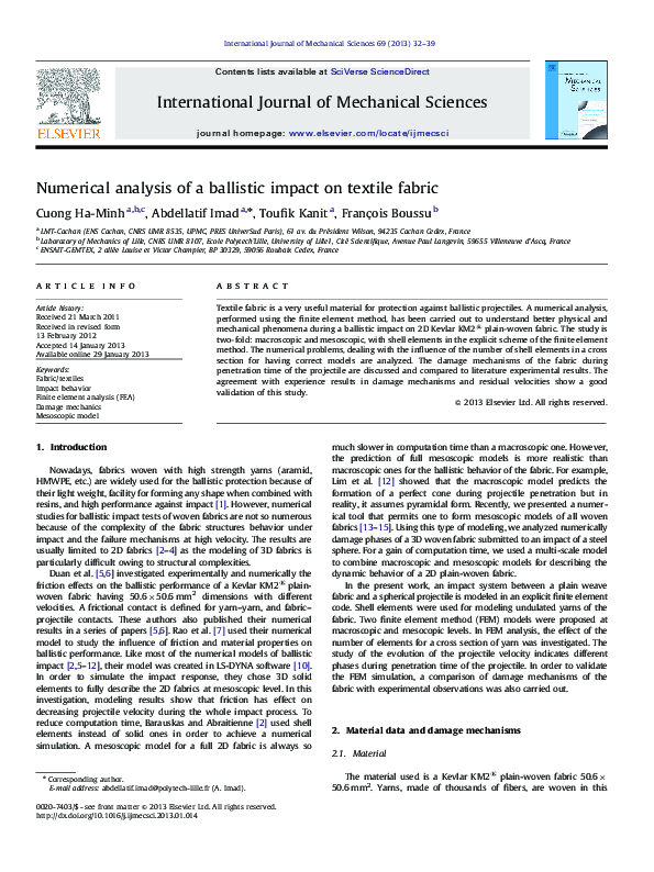 (PDF) Numerical analysis of a ballistic impact on textile fabric
