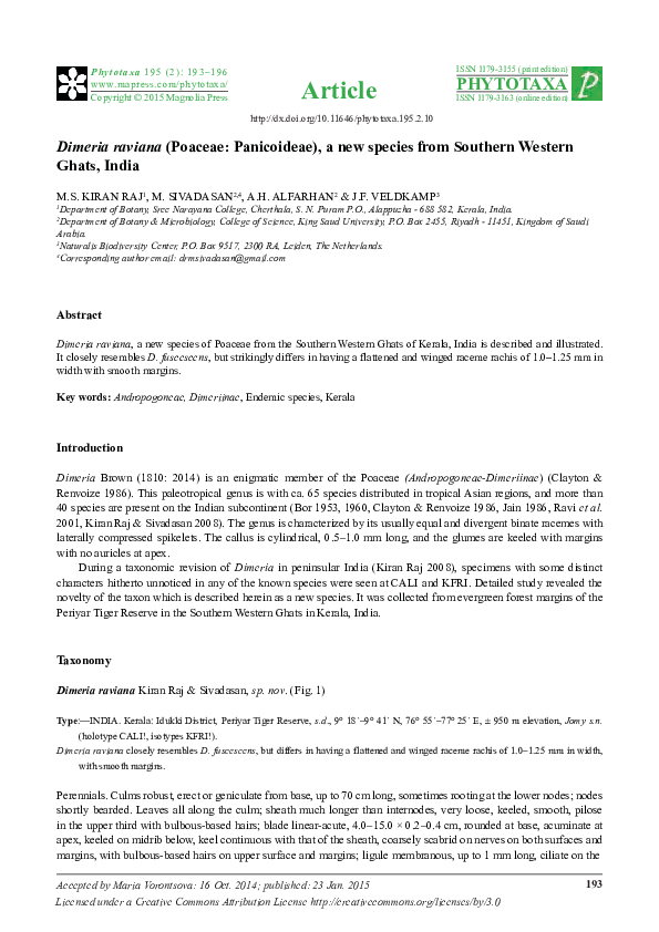 (PDF) Dimeria raviana (Poaceae: Panicoideae), a new species from ...