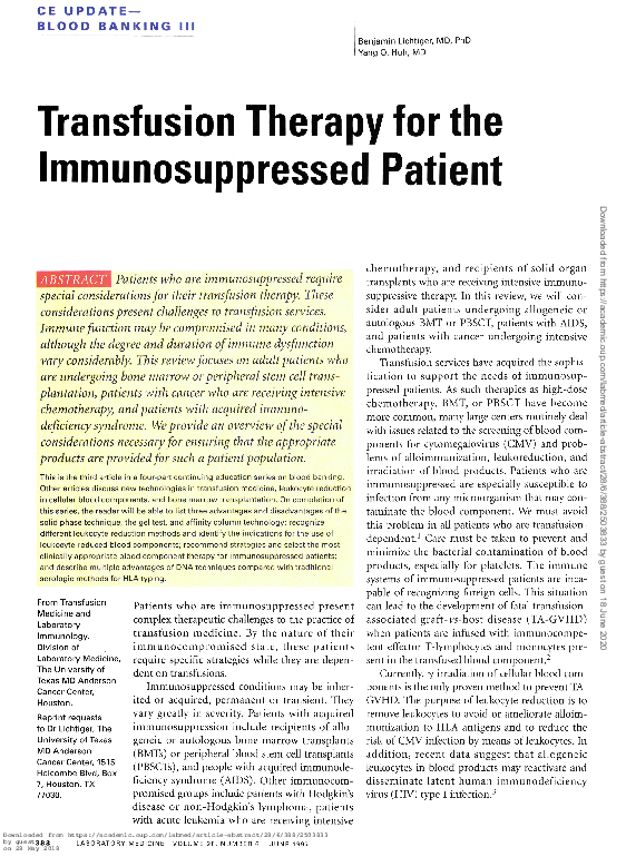 (PDF) Transfusion Therapy for the Immunosuppressed Patient