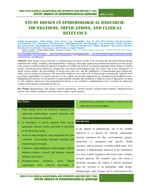 (PDF) Study Design in Epidemiological Research: Foundations, Implications, and Clinical Relevance